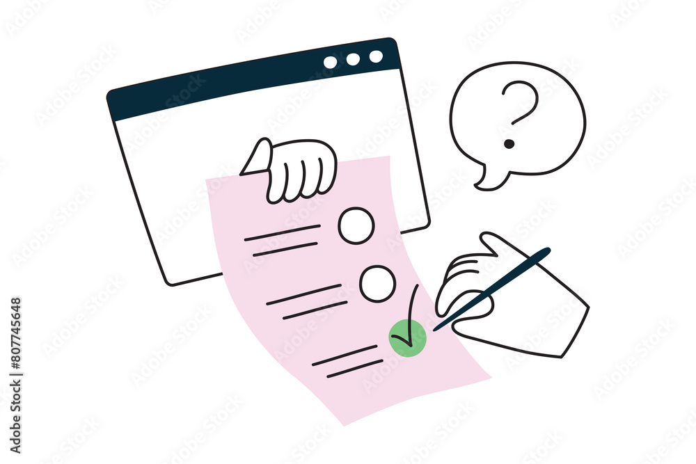 Online test composition, computer screen with hand holding paper ...