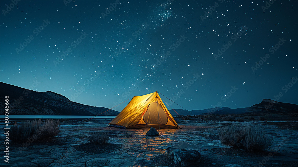 illuminated tent pitched in the wilderness, vast clear night sky, stars ...