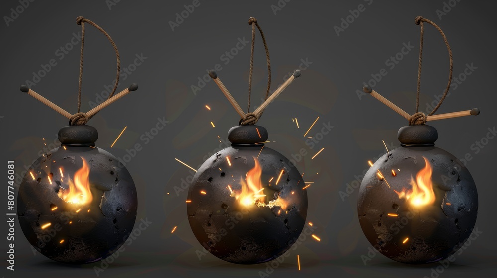 Realistic 3d modern illustration of black bombs with burning fuse and ...