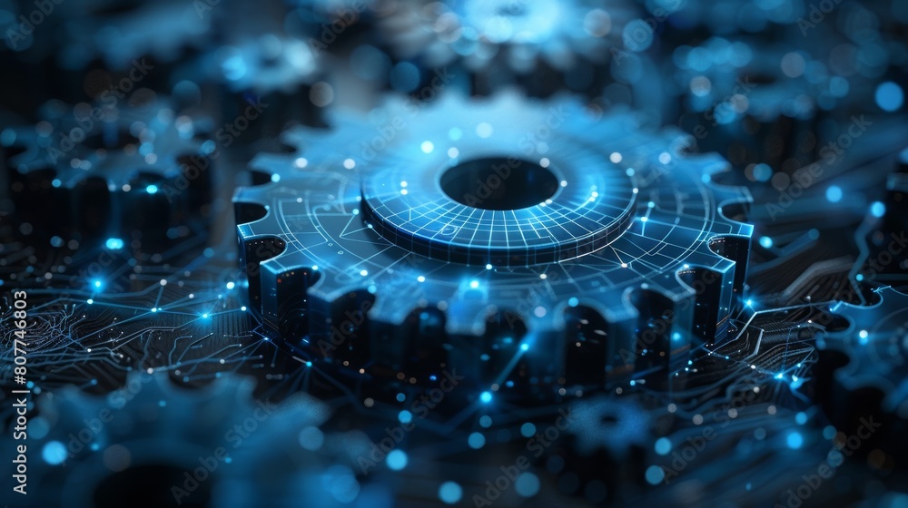 Cogs and gear wheels mechanisms concept. Low polygonal blue mesh with ...