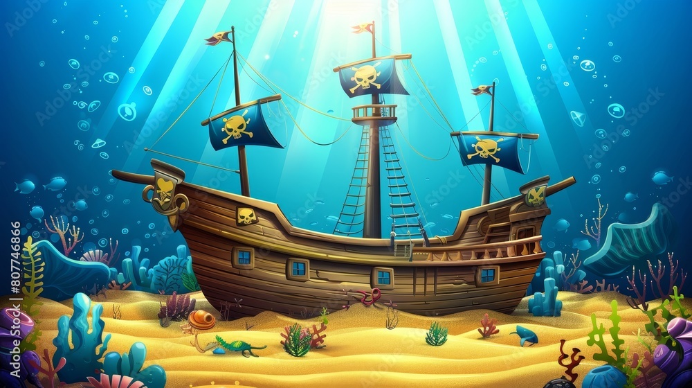 Sunken filibuster ship, sunken pirate ship, wooden boat with jolly ...