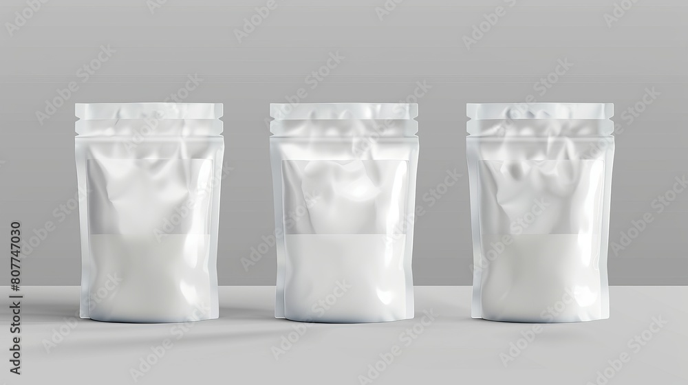 A modern realistic mockup of a 3D flexible doypack isolated on a transparent background. A blank ...