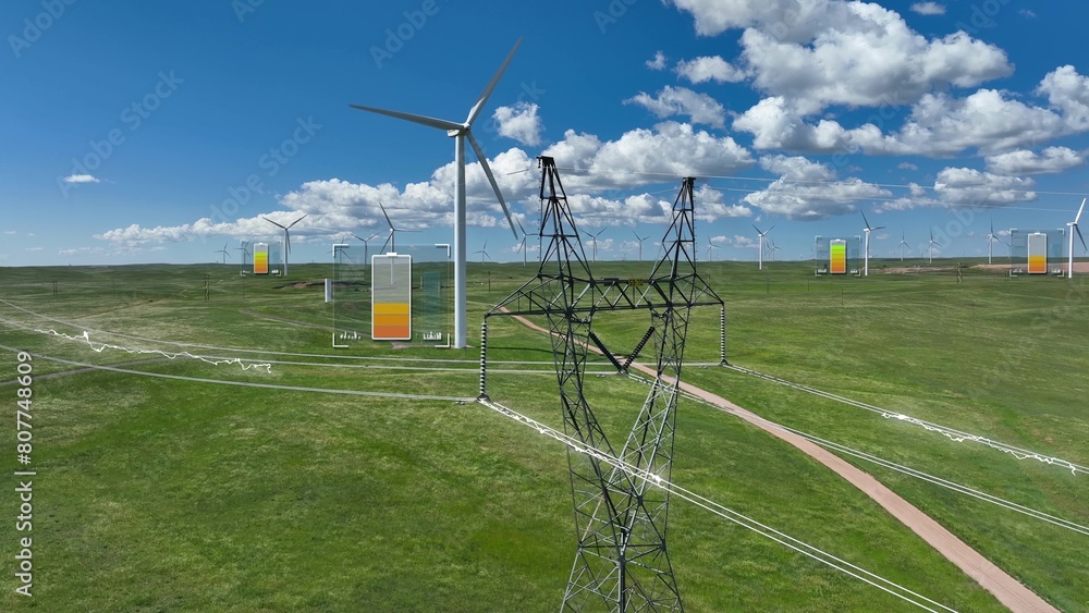 Wind farm with turbines, power lines and battery icons for energy ...
