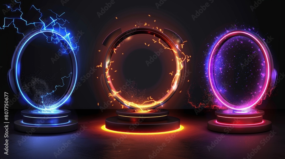 Portal, teleport with hologram effect. Circle futuristic podiums with ...
