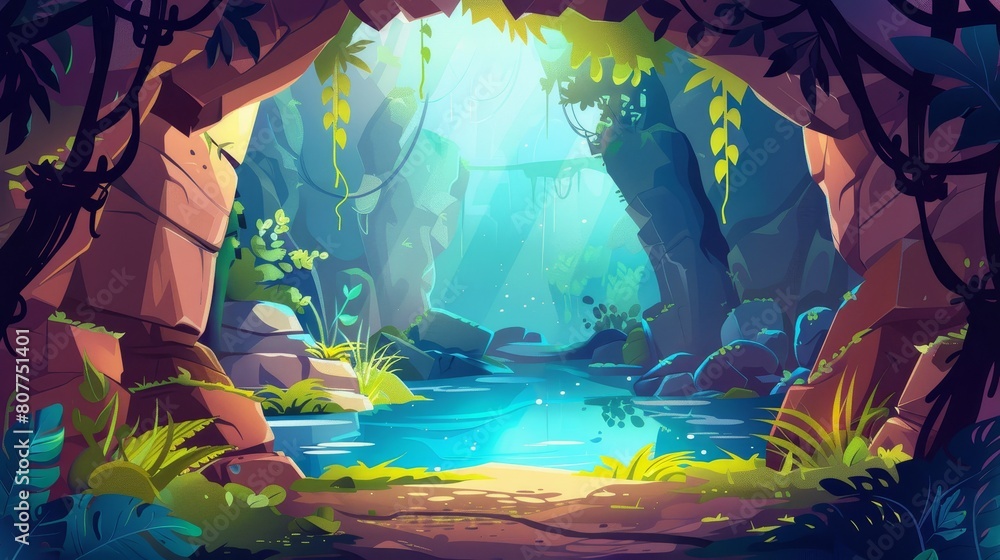 Cartoon background of abandoned stone cave in jungle with pond ...