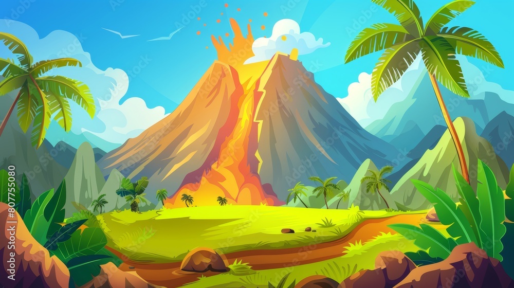 Drawing of prehistoric landscape with cartoon volcano. A drawing of a ...