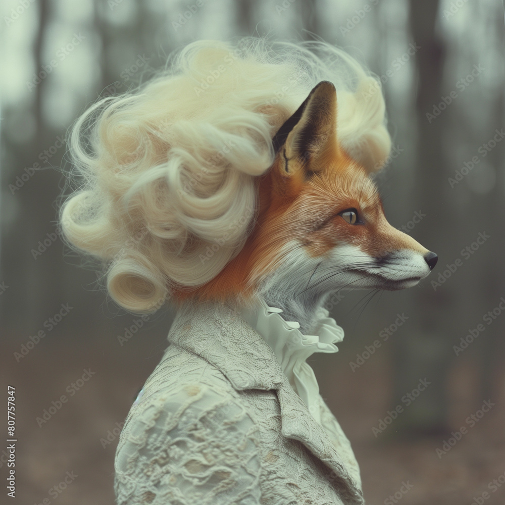 Side portrait of a red fox lady of the court dressed in high-end court ...
