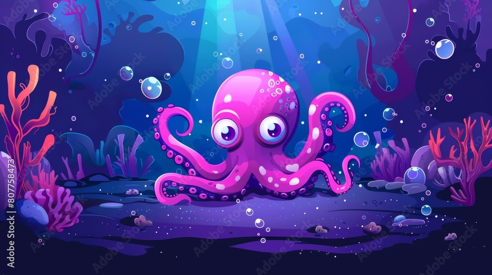 An octopus cartoon character is swimming underwater. Underwater seabed ...