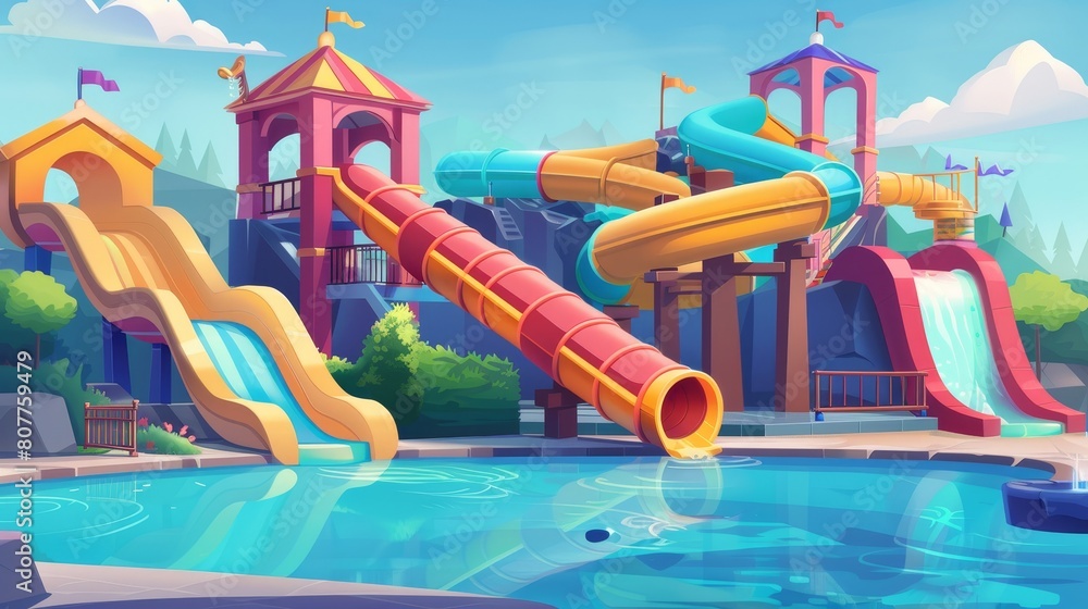 Cartoon background of summer aqua park swimming pool with water slide ...