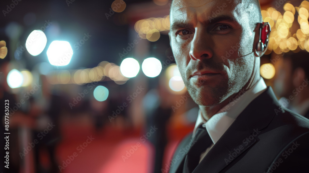 A stern-faced bodyguard dressed in an elegant black suit with a ...