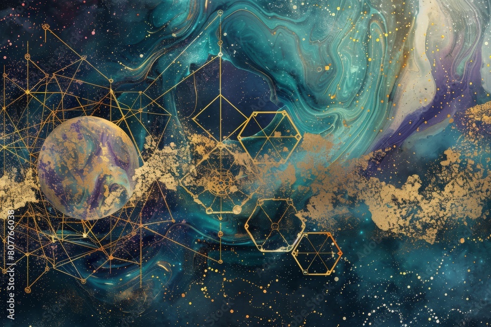 Abstract cosmic background with gold metallic foil and marbled textures ...