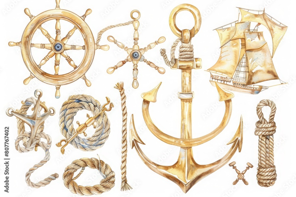 Gold nautical elements, rigging symbols, compass, anchor, steering ...