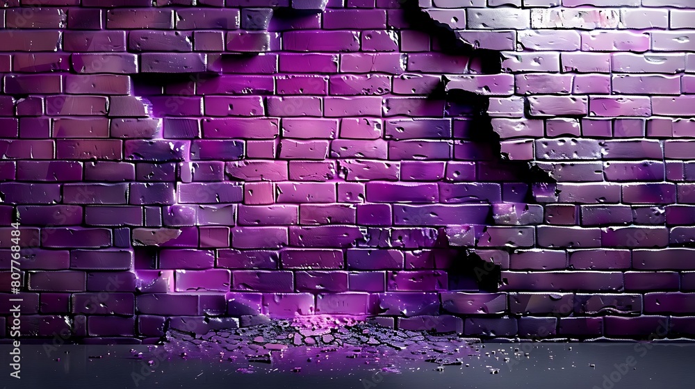 Vibrant purple brick wall. Purple urban city alley way. Busted brick ...