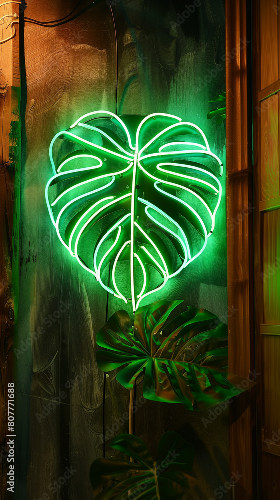 This striking image features a neon Monstera leaf light casting its ...