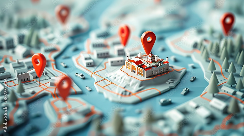 Emergency Response: A 3D vector illustration of a map with pins showing ...