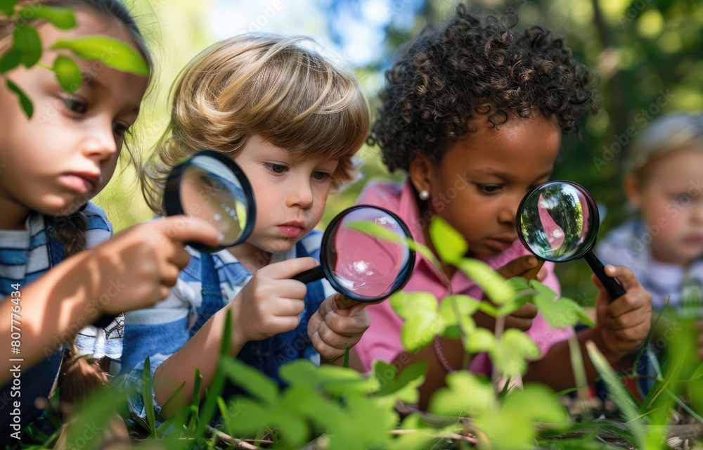 Children holding magnifying glasses and looking curiously at something ...