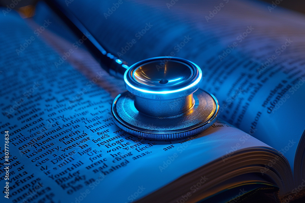 A doctor's stethoscope resting on an open medical textbook, with a ...