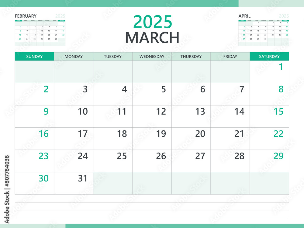 Calendar 2025 template vector on green background, March 2025 template ...