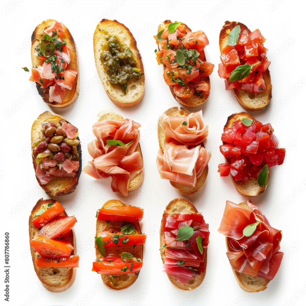 Assorted Italian cicchetti and other delicacies piled high on slices of ...