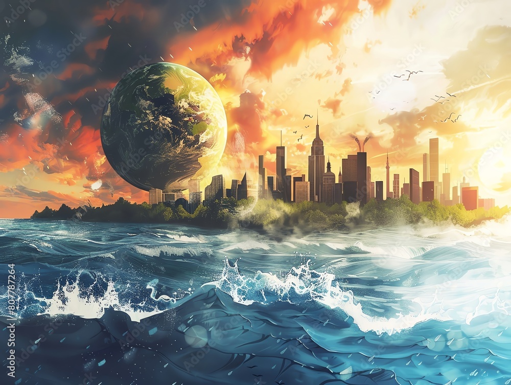 Climate change depicting rising sea levels and extreme weather ...