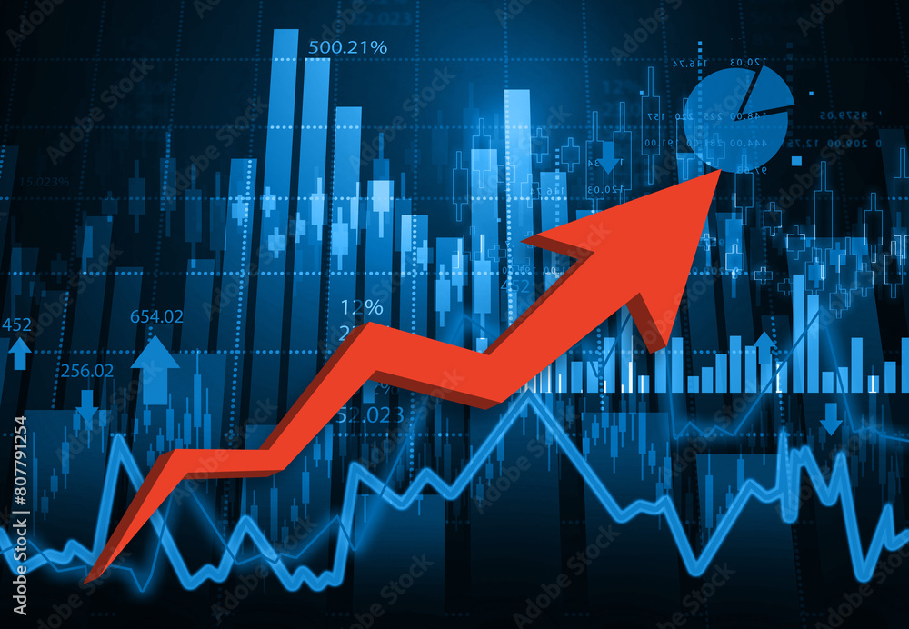 Stock market graph trading analysis. Red arrow graph with candlestick ...