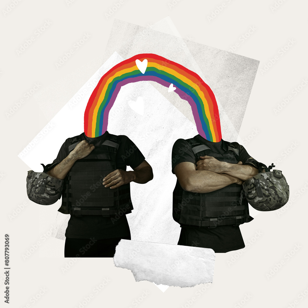 Armed with pride. Two military men connecting with rainbow presence and ...