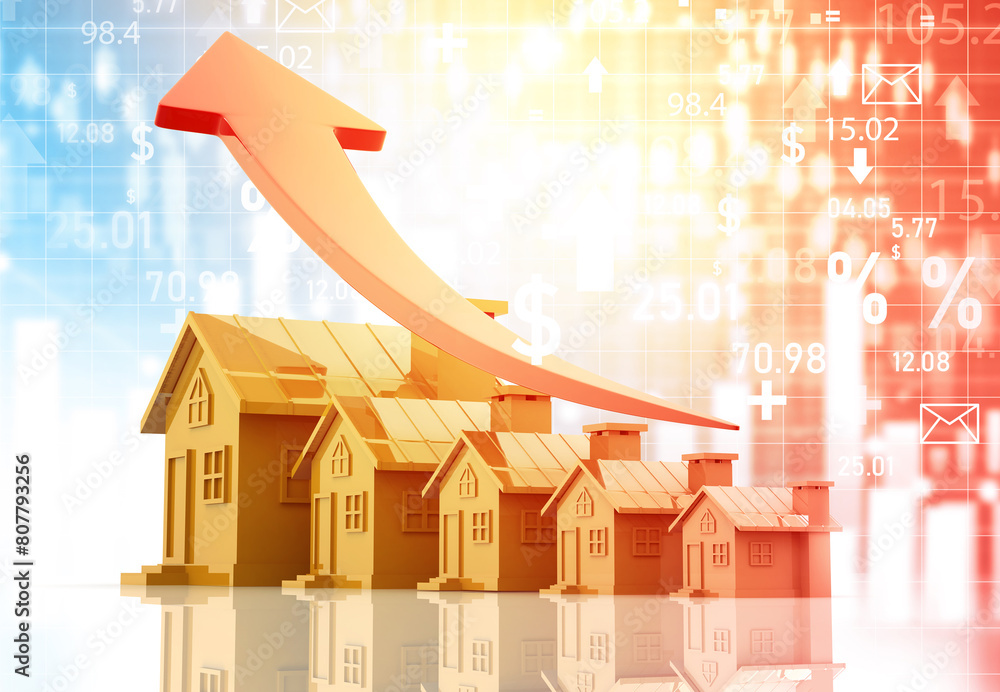 Real estate growth graph chart. House with red arrow graph. 3d ...