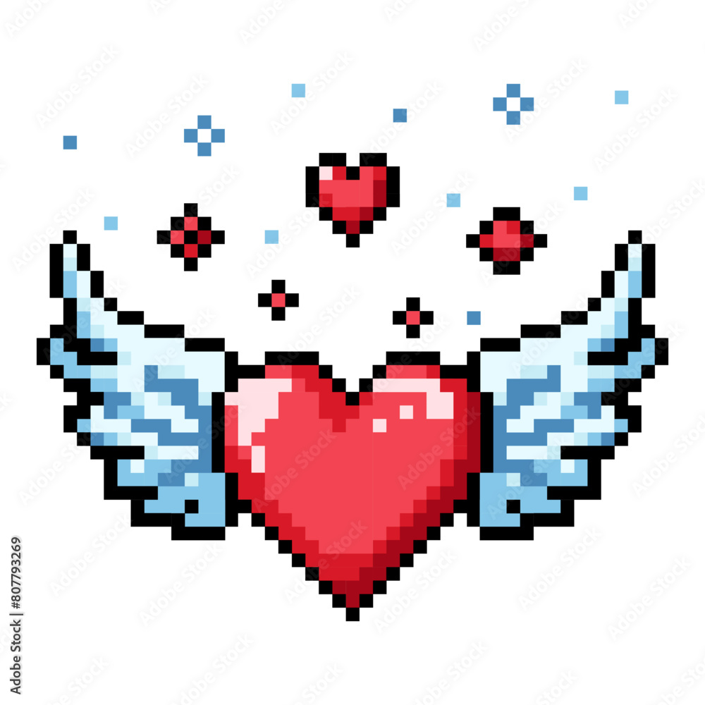 Pixel heart icon with wings. Arcade game icon. 8 bit sign. Abstract red ...
