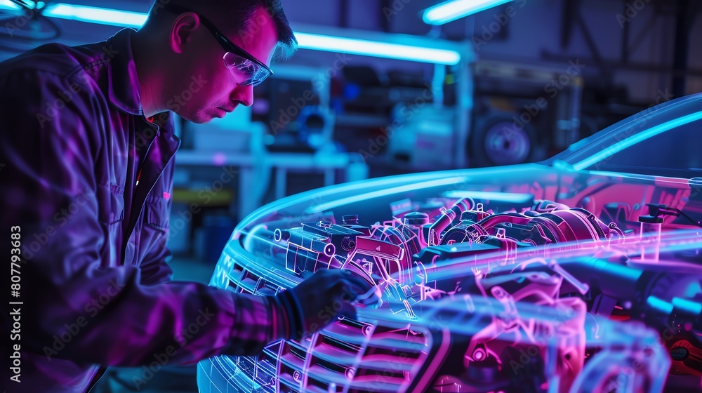 A car mechanic using an advanced diagnostic tool, with 3D models of car ...