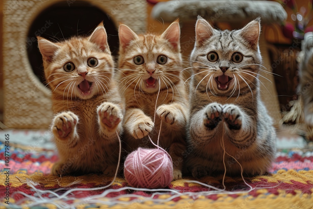 Sharp Clawed Trio of Cats Engaged in Yarn Ball Playtime Stock ...