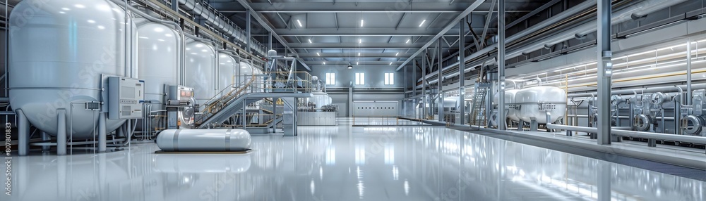 Interior render of an electrolysis water splitting plant, showing ...