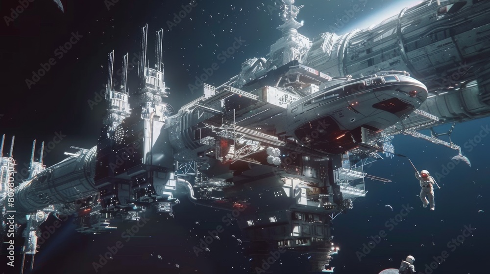 Astronauts perform a spacewalk around a large, futuristic orbital ...