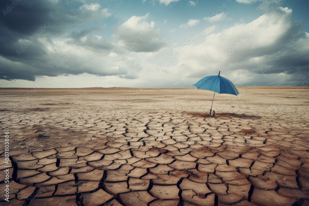an umbrella in a dry land in a drought season, Cracked earth parched ...