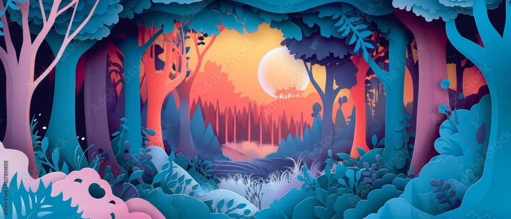 Paper art and craft style of an enchanted forest, depicted in paper cut ...