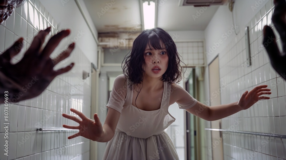 AI generated illustration of a girl running and encountering two zombies in a thrilling scene ...