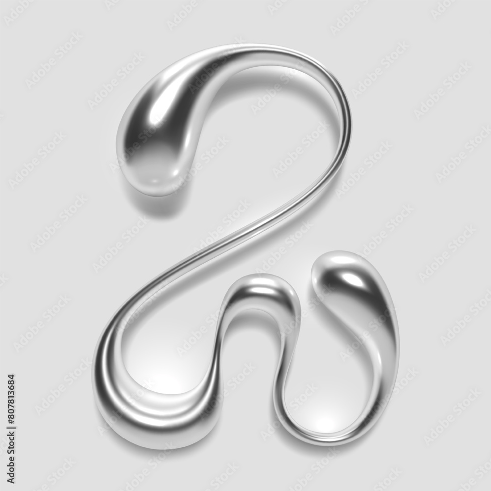 3D chrome numeral 2, number two dripping liquid metal with glossy ...