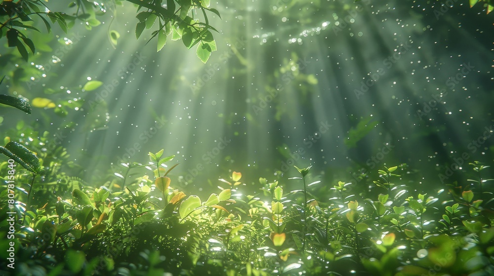 Ethereal shafts of sunlight illuminate the lush green underbrush ...