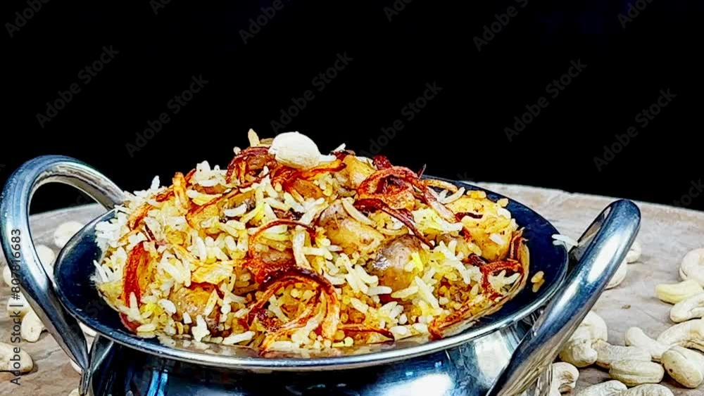 biryani Spicy Indian Malabar biryani Hyderabadi biryani. Woman hand ...