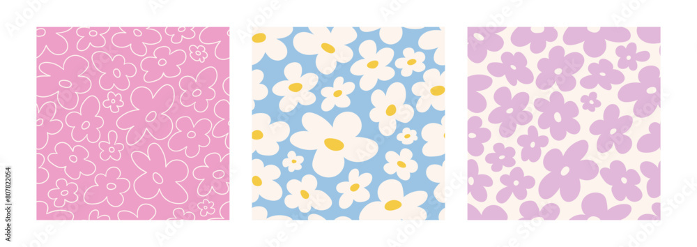 2000s flowers. Set of seamless patterns with abstract colors in ...