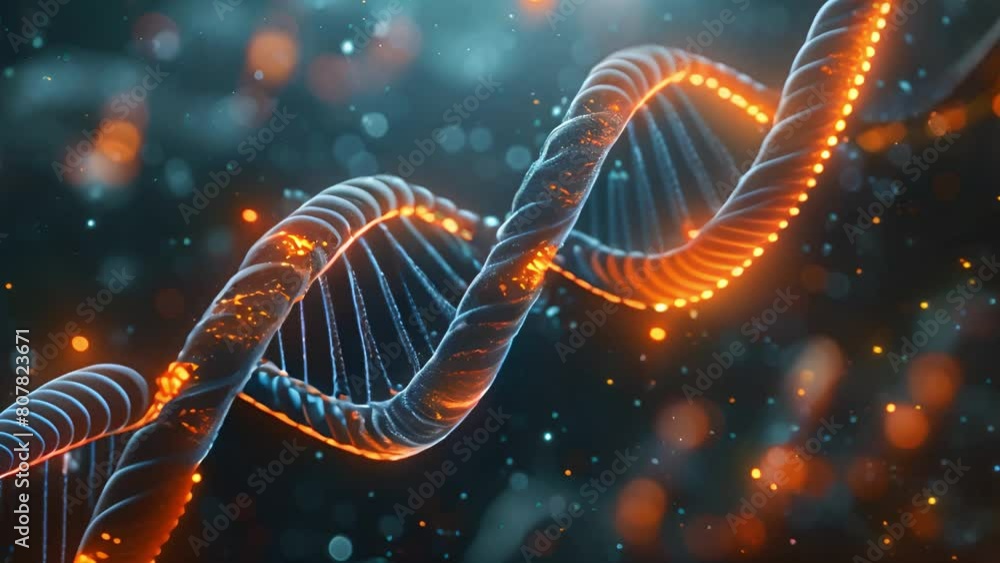 Detailed visualization of a DNA strand highlighted with luminescent ...