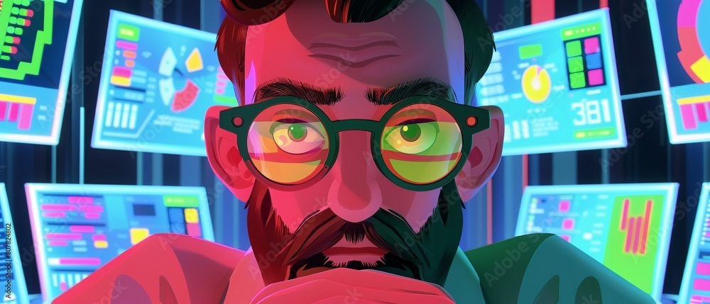 A malevolent hacker in glasses is depicted looking at multiple computer ...