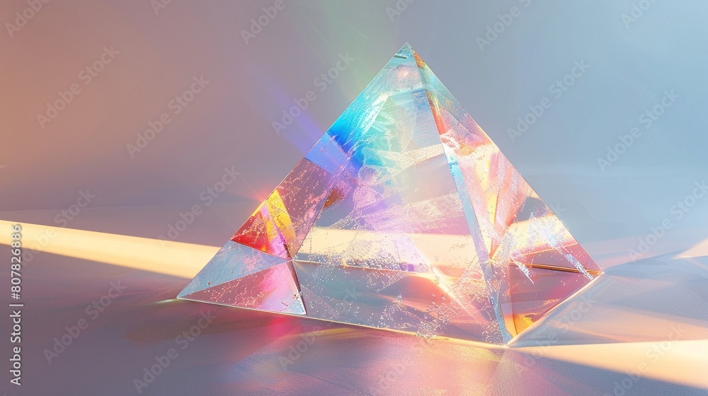 A 3D render of a crystal pyramid, glowing with rainbow colors against a ...
