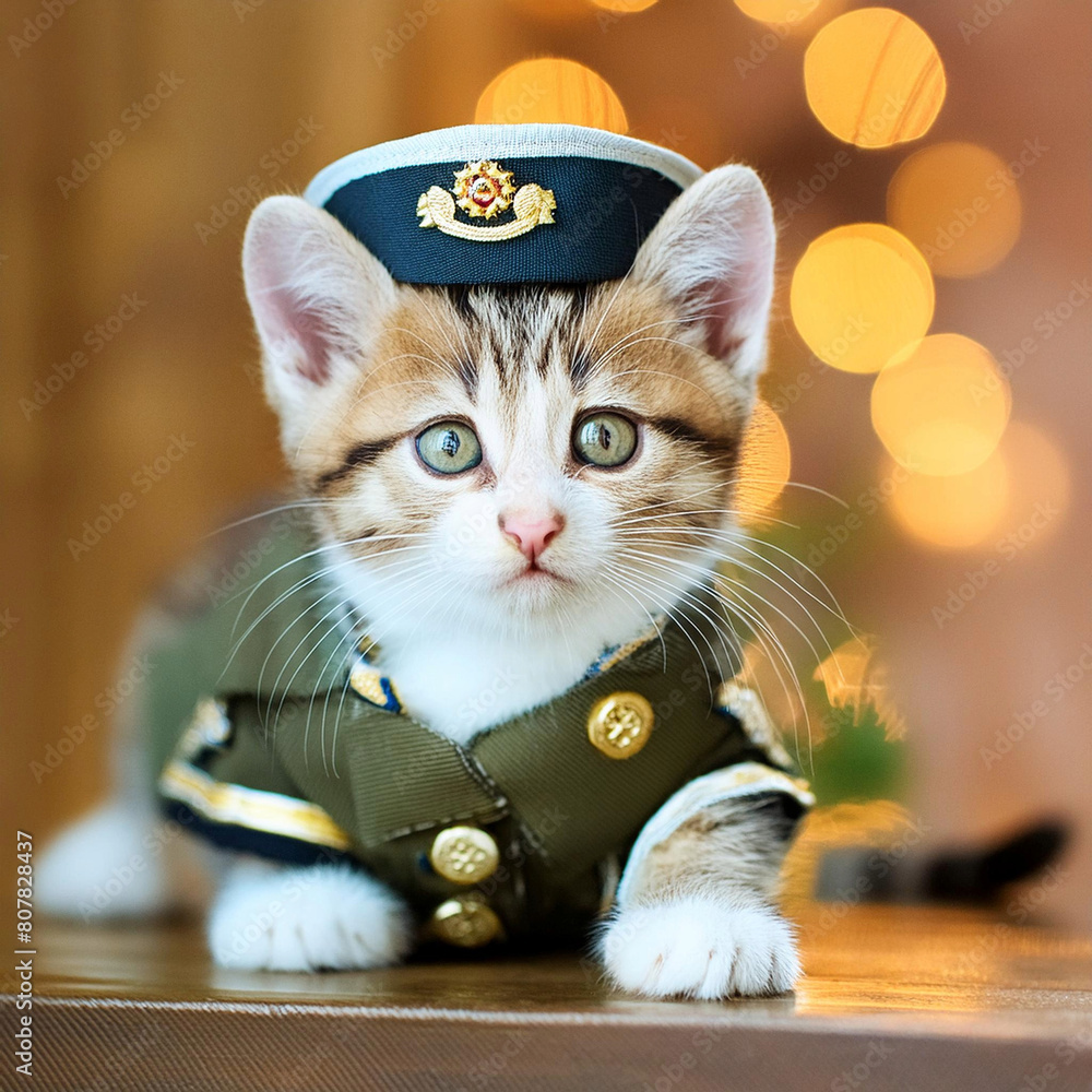 A kitten with a brave expression wearing a Marine Corps uniform and hat ...