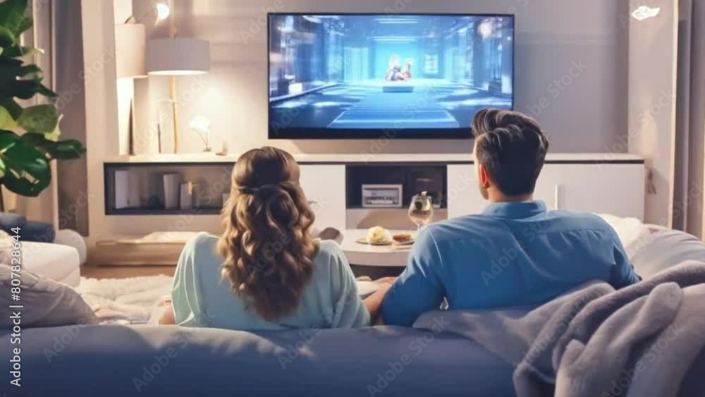 Romantic couple watch tv together at home. Modern television. Cozy ...