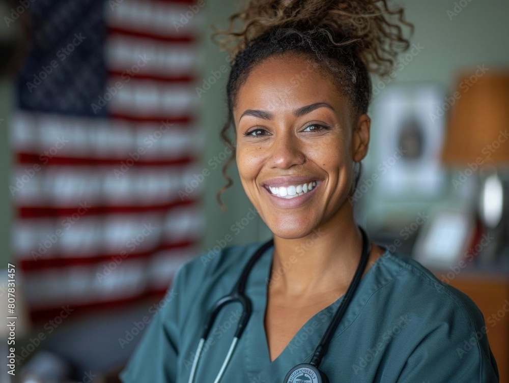 Portrait of a dedicated VA nurse in uniform smiling at the camera ...
