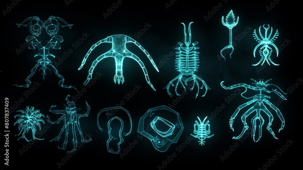 collection of runes, fictional icons of mystical magic, glowing set ...