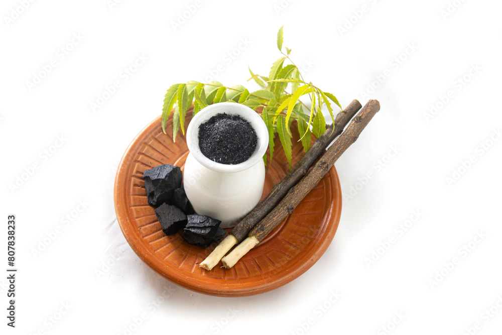 Neem Datun, black tooth powder with Neem leaves, Neem stick and roasted ...