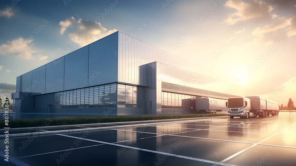Modern, big, warehouse, building, facility, exterior, windows, sunset ... Modern, big, warehouse, building, facility, exterior, windows, sunset ...