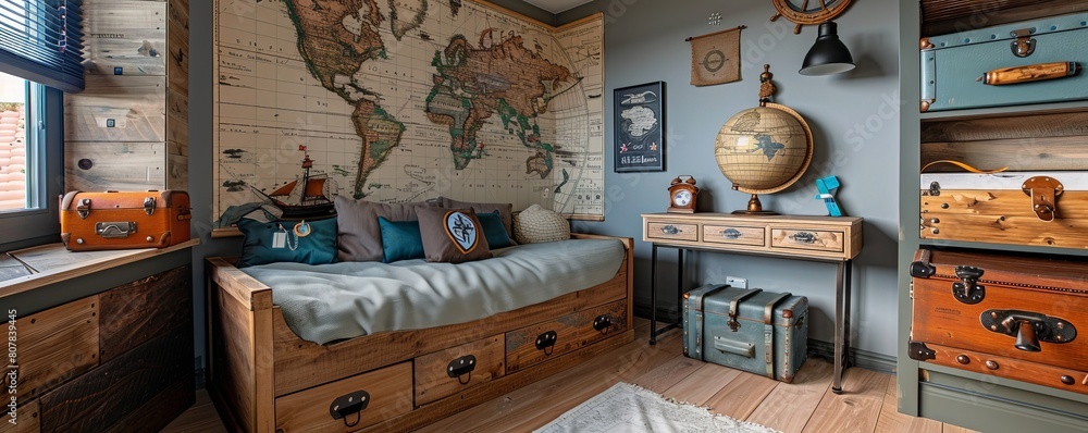 Adventure-themed child's room with a small desk, map wallpapers, and ...