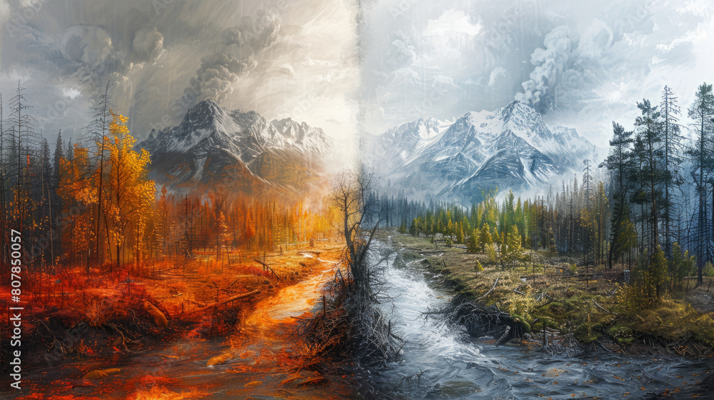 split-view imagery showing a river's seasonal extremes: one side ...